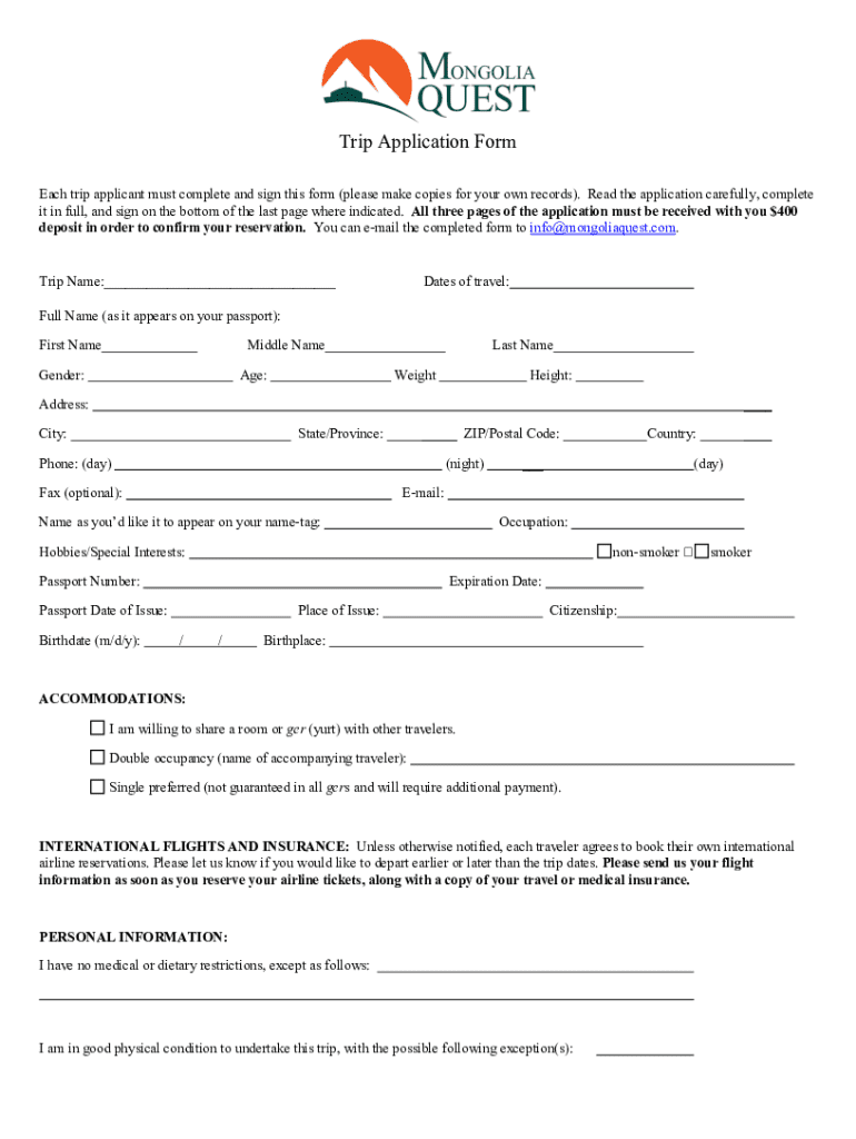 Fillable Online Trip Application Form Fax Email Print - pdfFiller