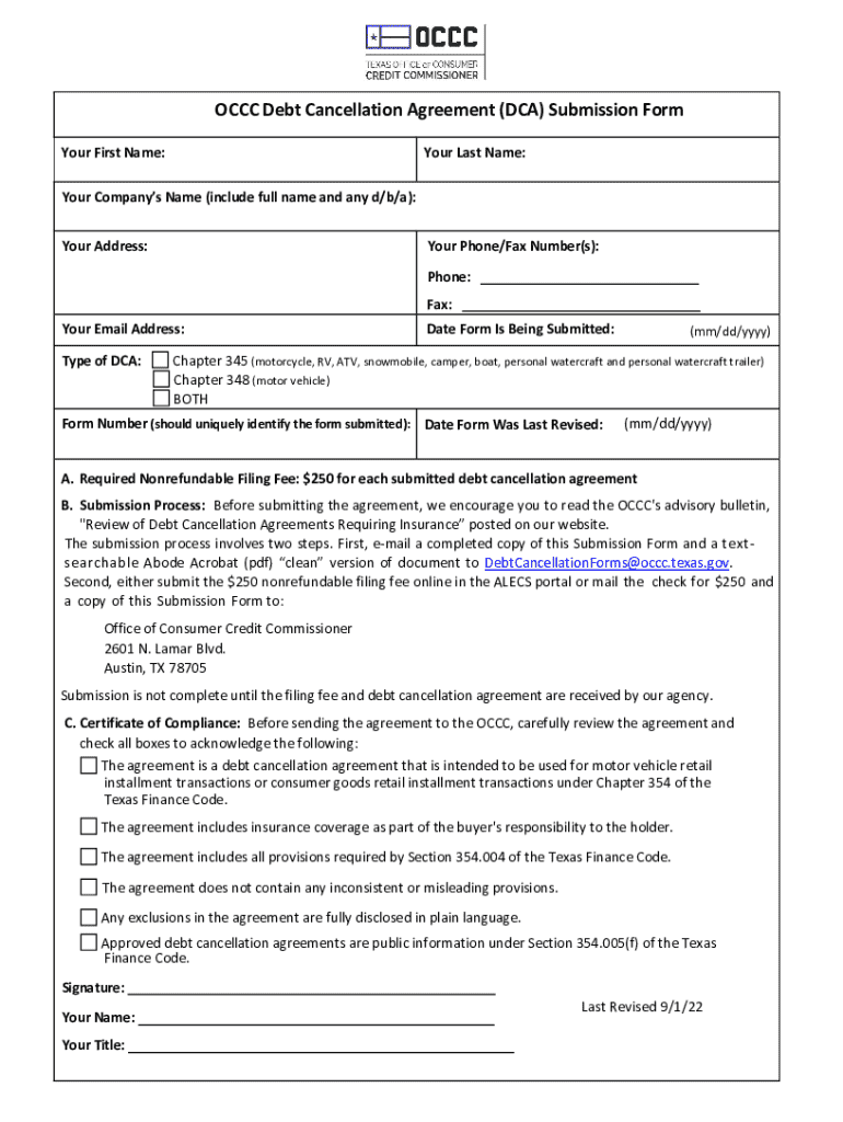 Fillable Online Occc Debt Cancellation Agreement Submission Fax Email ...