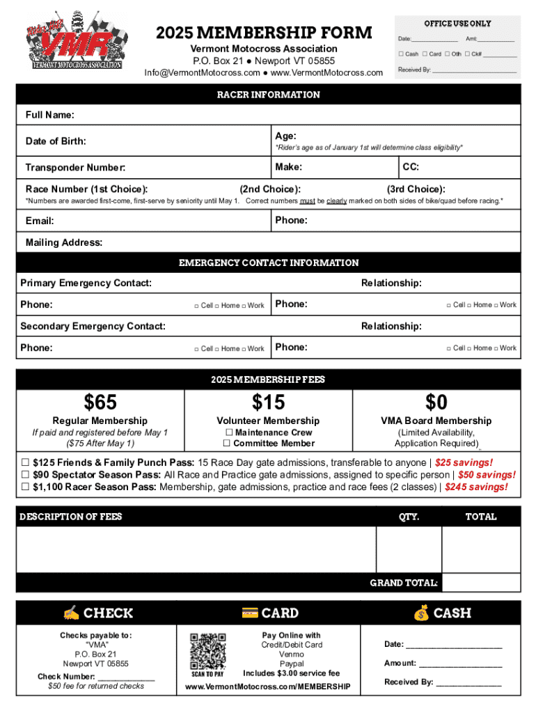 Fillable Online Vermont Motocross Association Membership Form Fax Email ...