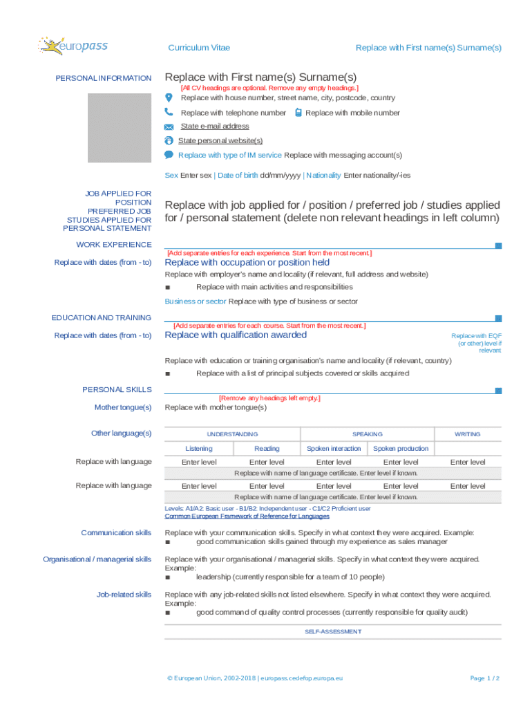 EuroPass CV template Doc Template | pdfFiller