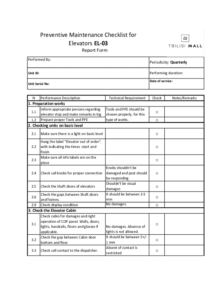 Fillable Online Preventive Maintenance Checklist for Elevators Fax Email Print - pdfFiller