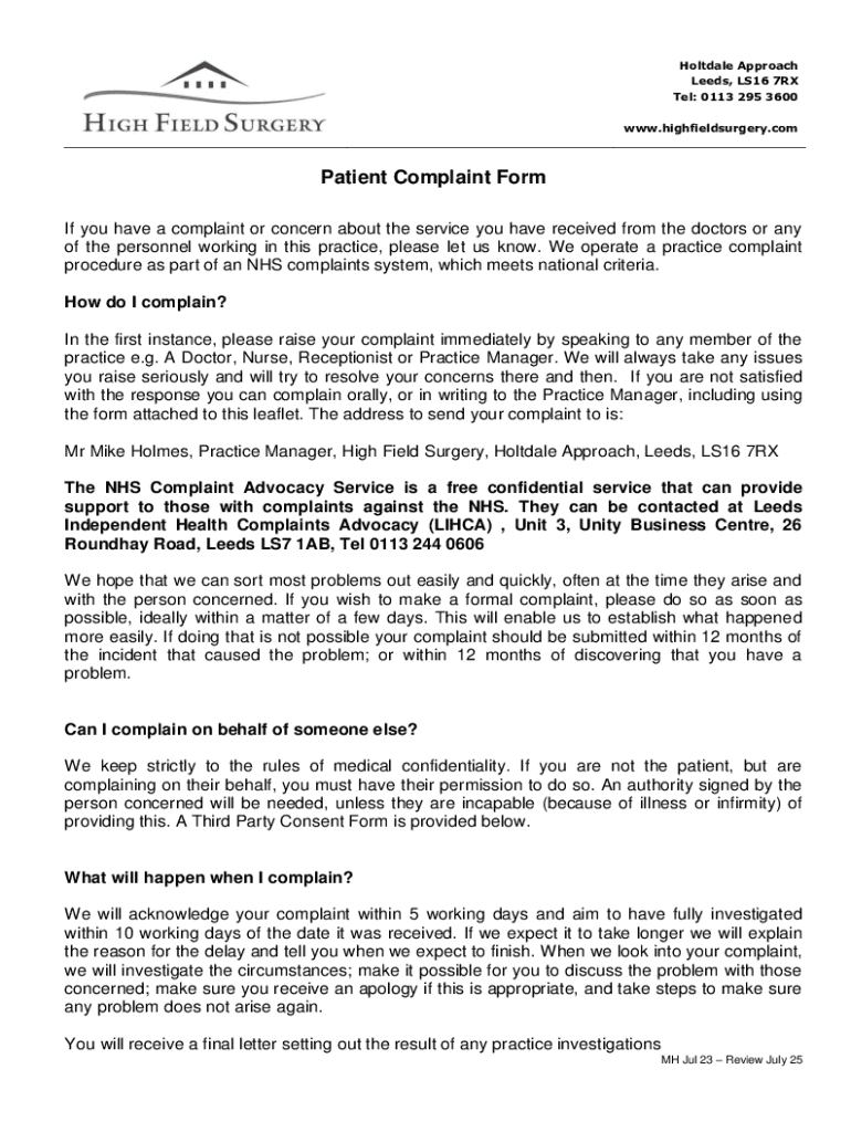 Fillable Online Patient Complaint Form Fax Email Print - pdfFiller