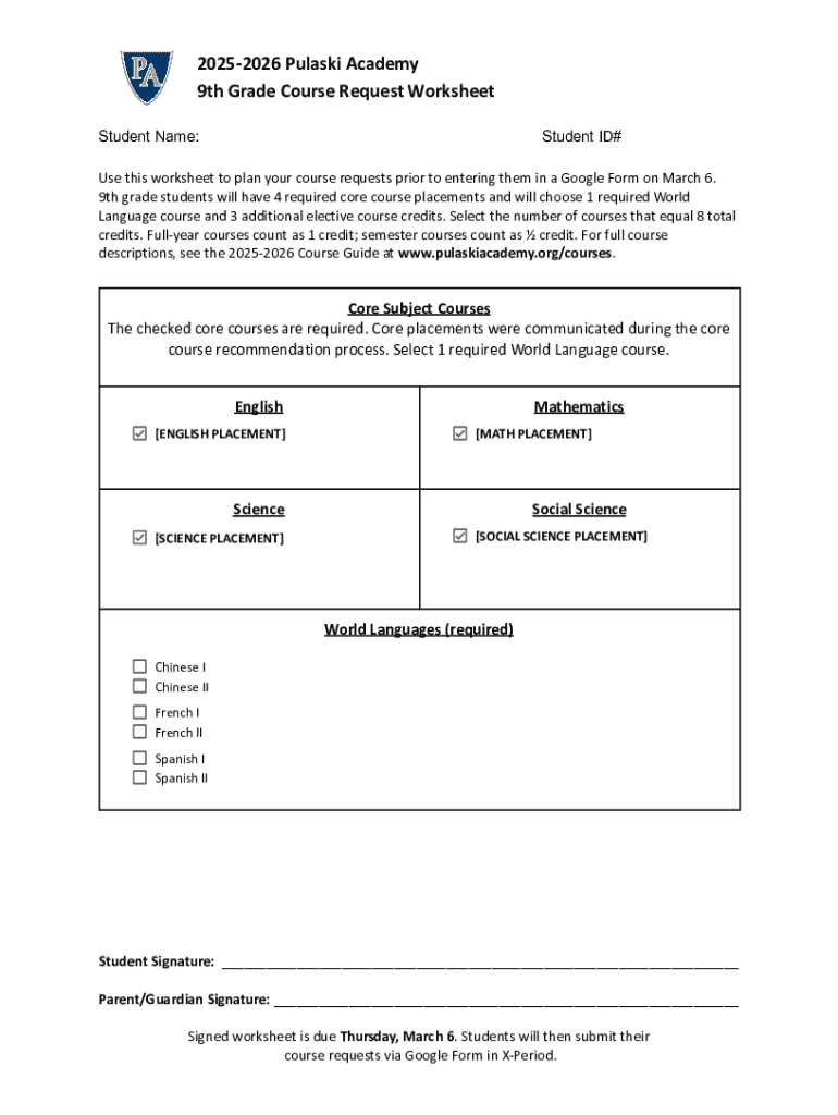Fillable Online 9th Grade Course Request Worksheet Fax Email Print - pdfFiller