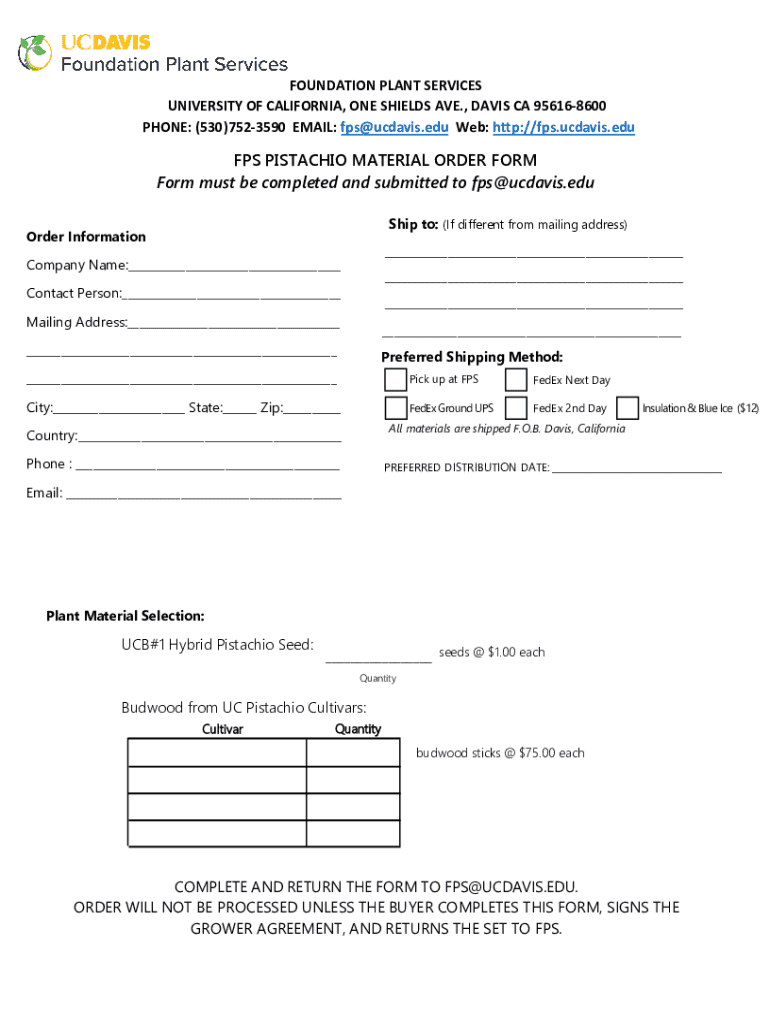 Fillable Online Fps Pistachio Material Order Form Fax Email Print ...