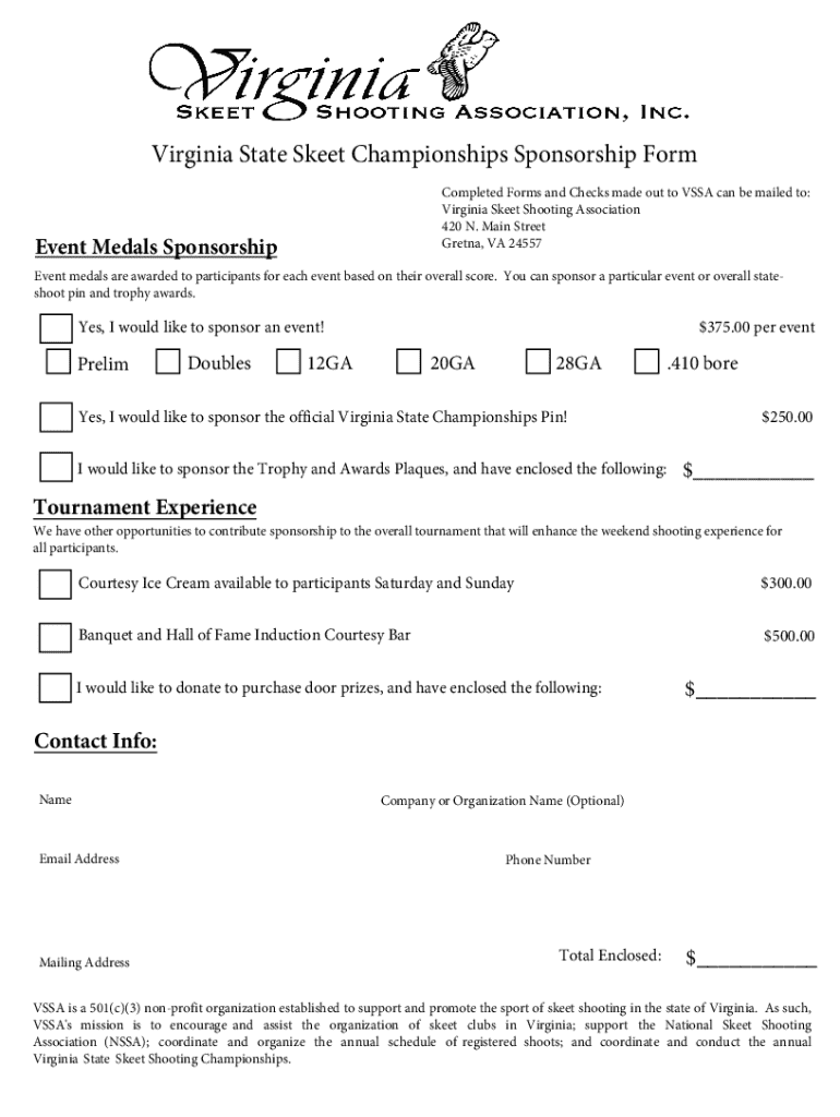 Fillable Online Virginia State Skeet Championships Sponsorship Fax Email Print - pdfFiller
