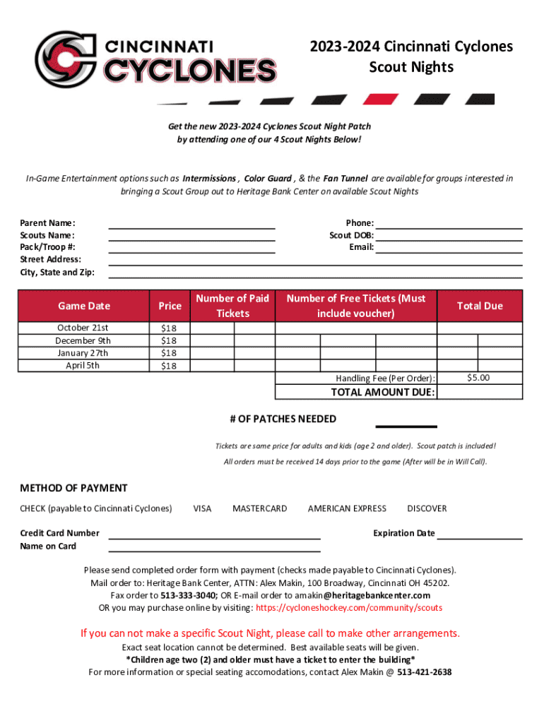 Fillable Online 2023-2024 Cincinnati Cyclones Scout Nights Fax Email Print - pdfFiller