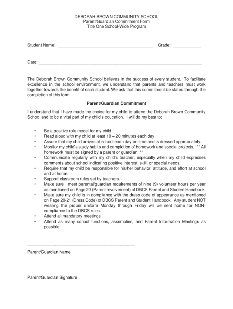 Fillable Online Deborah Brown Community School Parent/guardian Commitment Fax Email Print ...