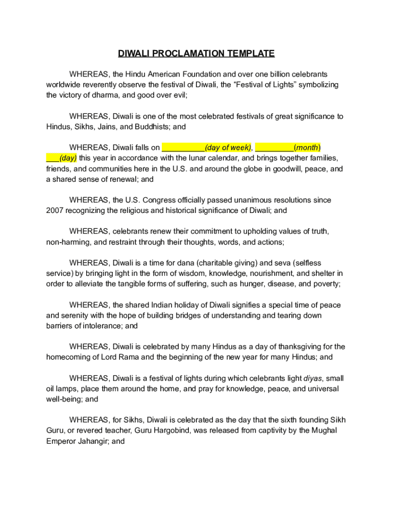 Fillable Online Diwali Proclamation Fax Email Print - pdfFiller