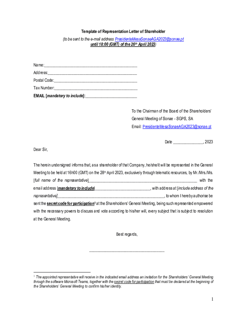 Fillable Online Representation Letter of Shareholder Fax Email Print ...