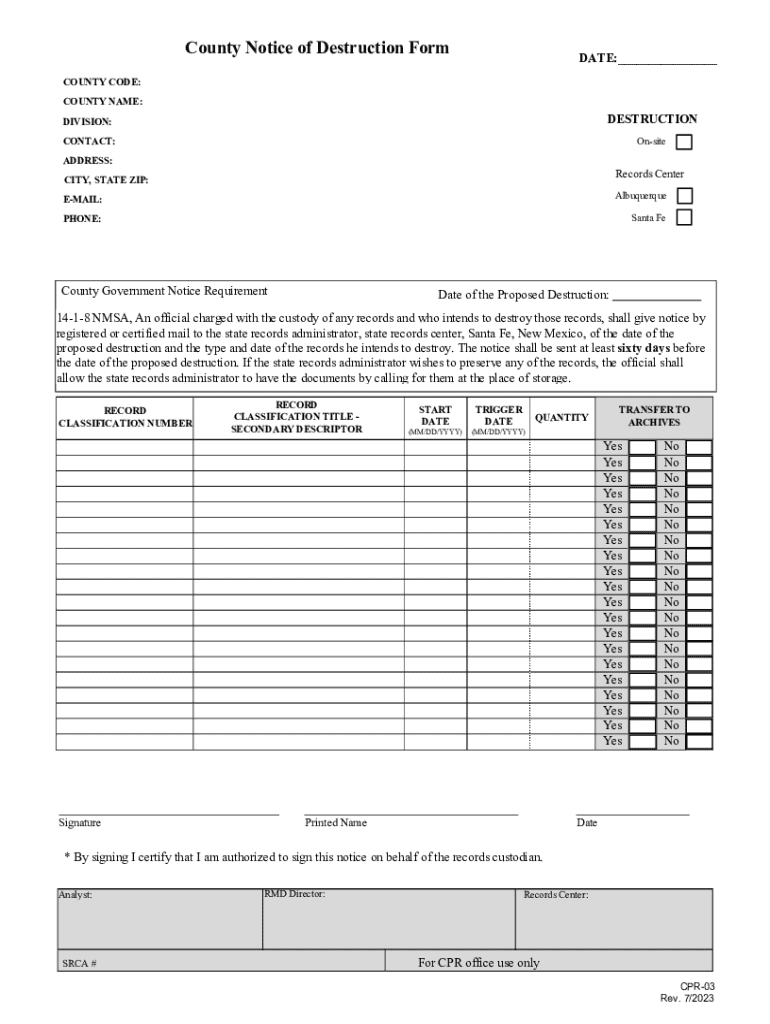 Fillable Online County Notice of Destruction Fax Email Print - pdfFiller