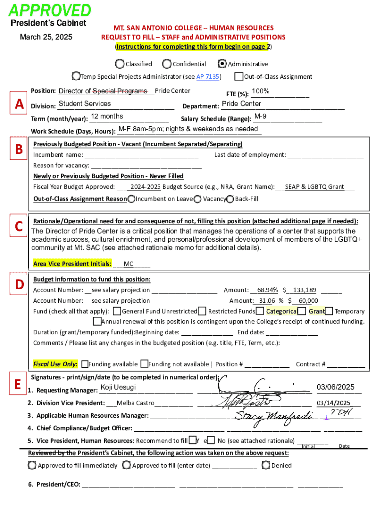Fillable Online Request to Fill Staff and Administrative Positions Fax ...