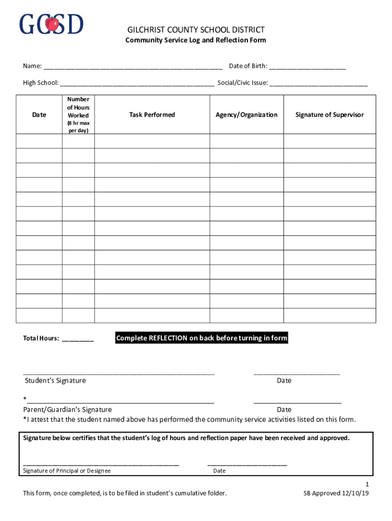 Fillable Online Gilchrist County School District Community Service Log ...