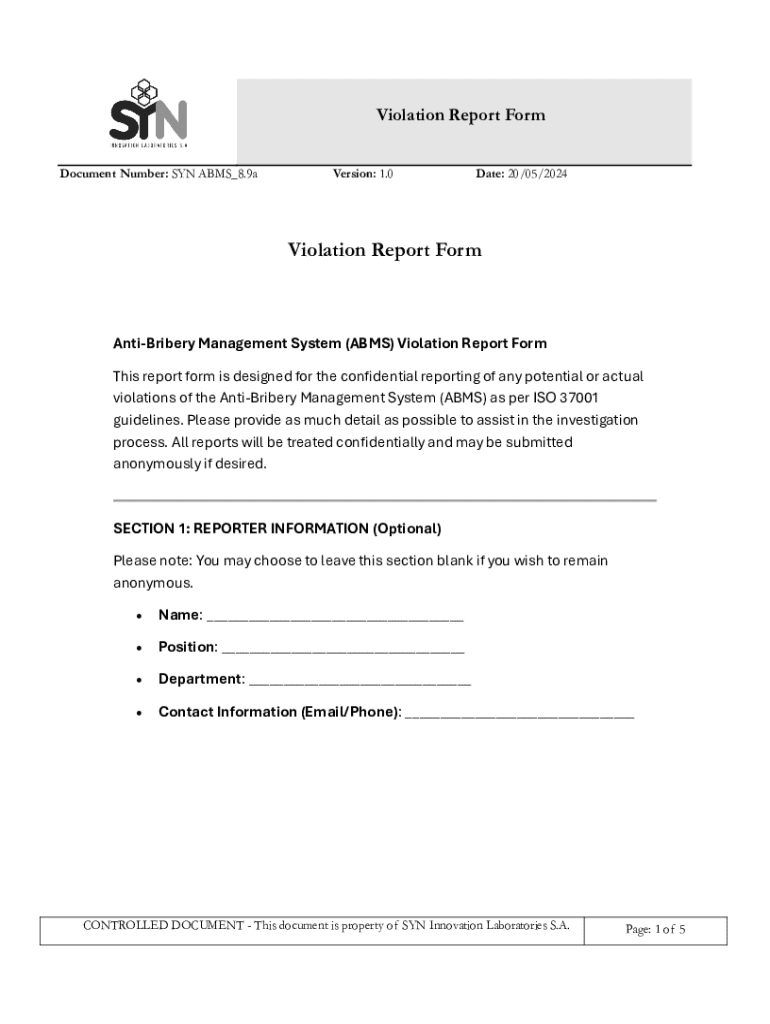 Fillable Online Anti-bribery Management System (abms) Violation Report ...
