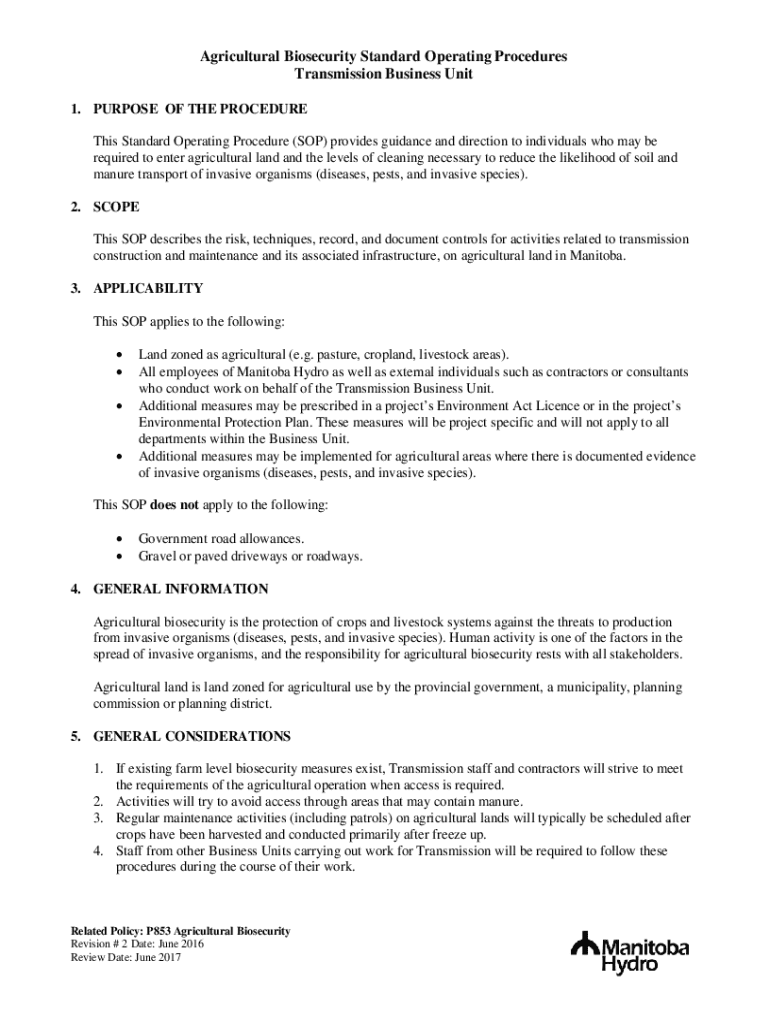 Fillable Online Agricultural Biosecurity Standard Operating Procedures ...