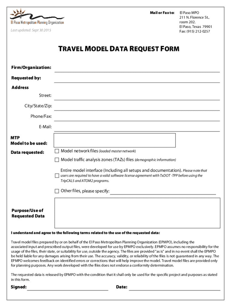 Fillable Online Travel Model Data Request Fax Email Print - pdfFiller