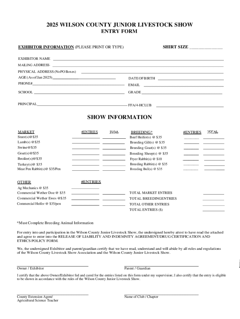 Fillable Online Wilson County Junior Livestock Show Entry Form Fax ...