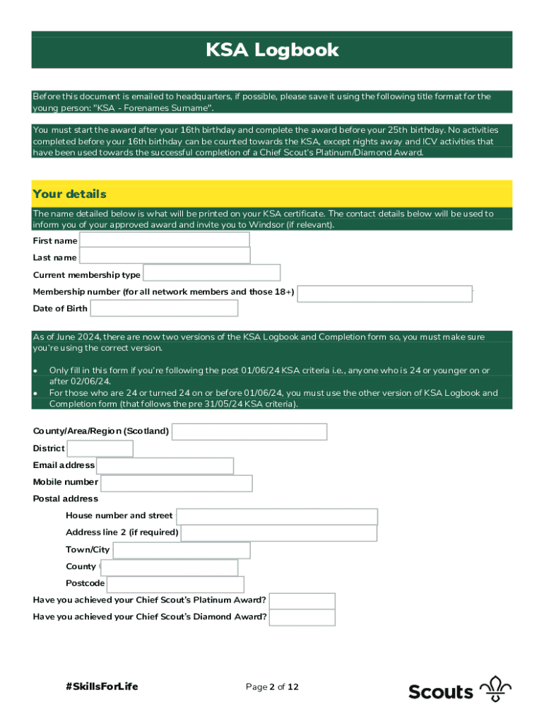 Fillable Online King’s Scout Award Logbook and Completion Form Fax ...