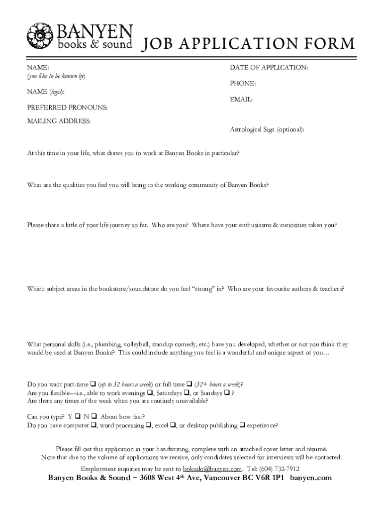 Fillable Online Banyen Books Job Application Fax Email Print - pdfFiller