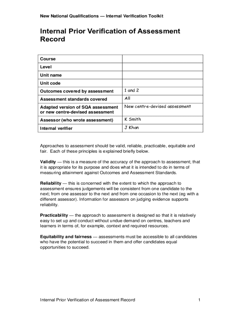 Fillable Online New National Qualifications — Internal Verification ...