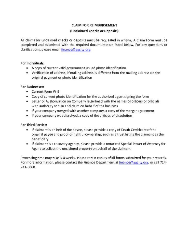 Fillable Online Claim for Reimbursement (unclaimed Checks or Deposits ...