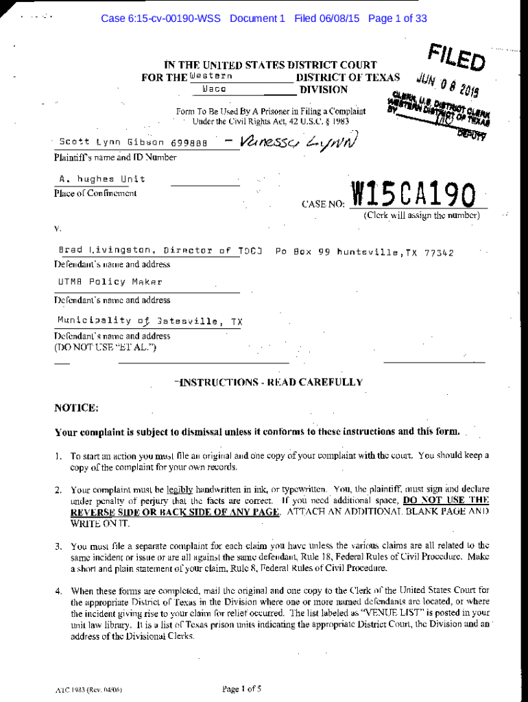 Fillable Online Form to Be Used by a Prisoner in Filing a Complaint ...