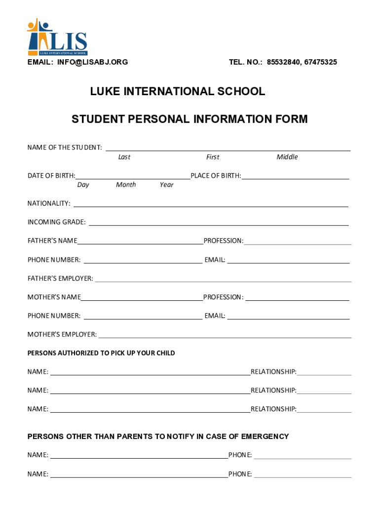 Fillable Online Luke International School Student Personal Information Form Fax Email Print ...