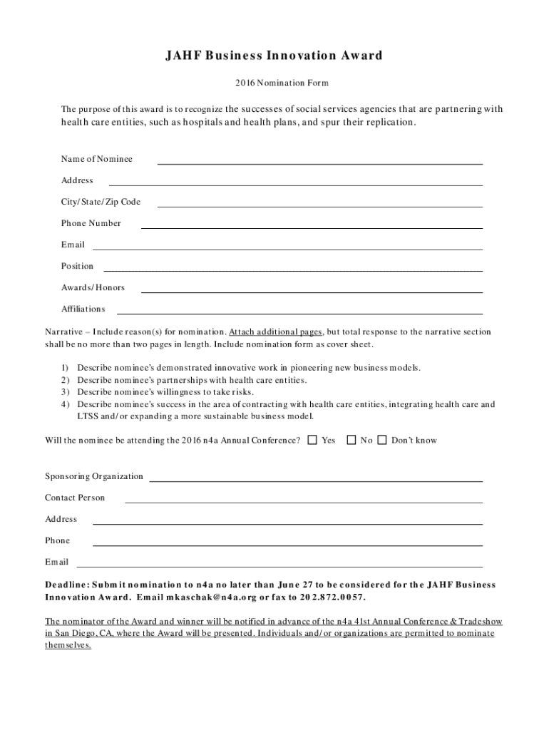 Fillable Online Jahf Business Innovation Award Fax Email Print - pdfFiller