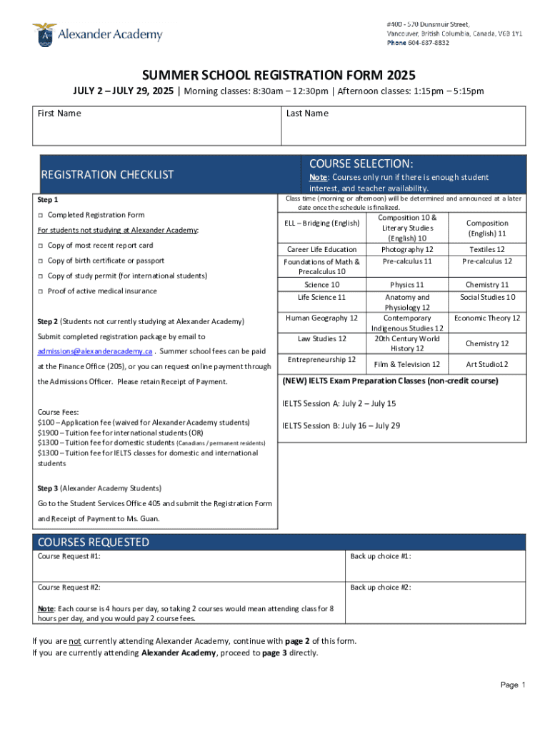Fillable Online Summer School Registration Form 2025 Fax Email Print ...