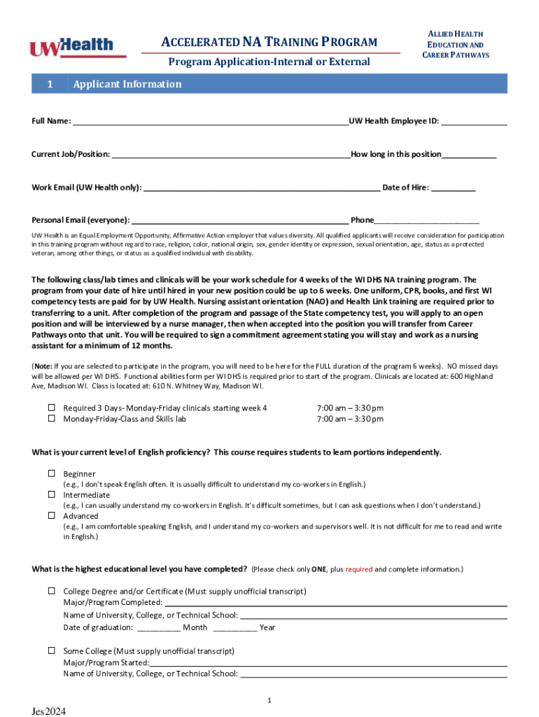 Fillable Online Accelerated Nursing Assistant Training Program Application Fax Email Print ...