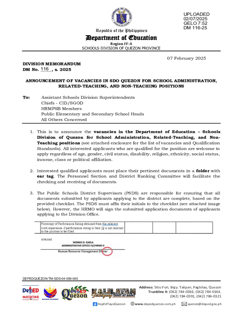 Fillable Online Announcement of Vacancies in Sdo Quezon for School Administration, Related ...