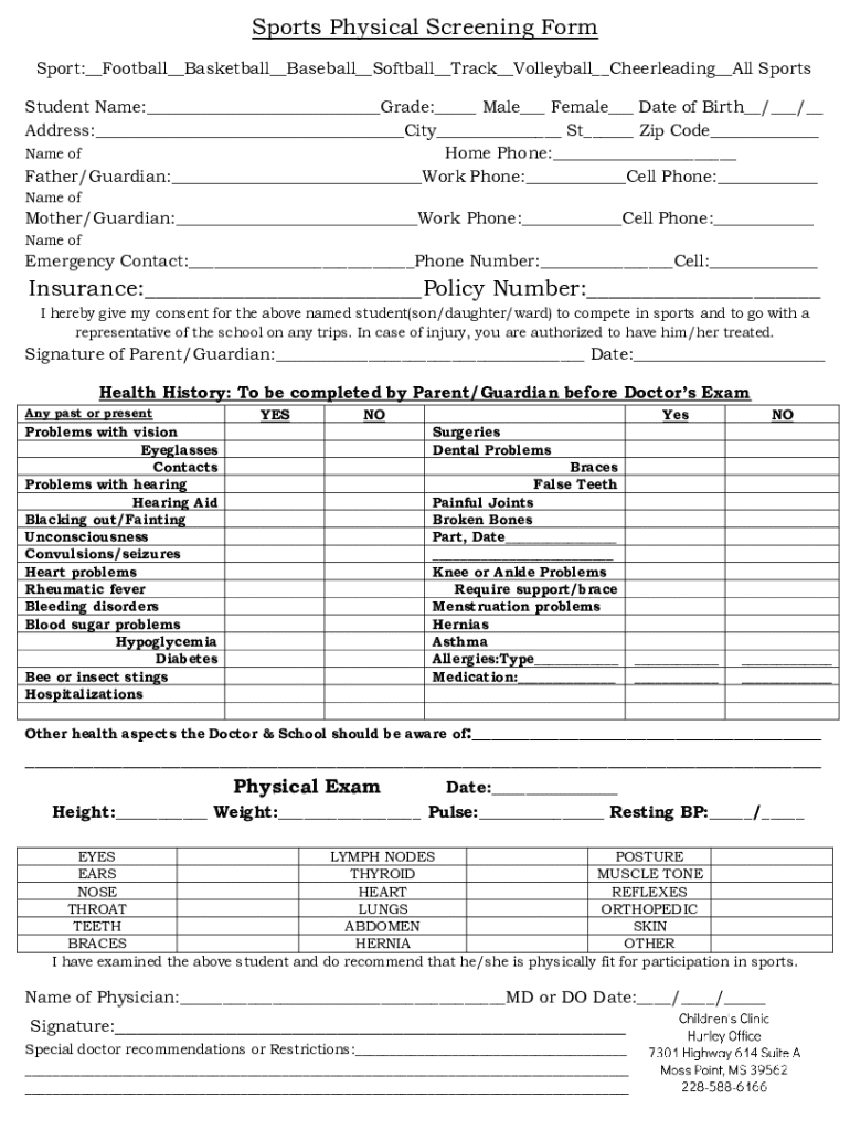 Fillable Online Sports Physical Screening Form Fax Email Print - pdfFiller