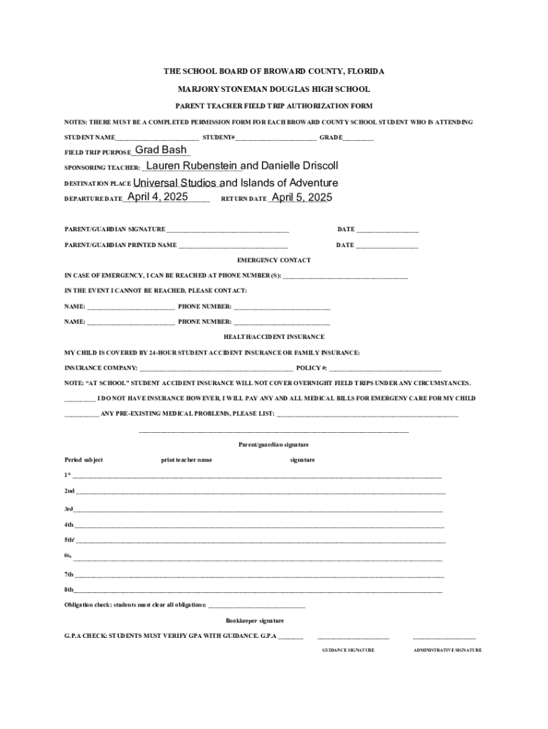 Fillable Online Parent Teacher Field Trip Authorization Form Fax Email ...