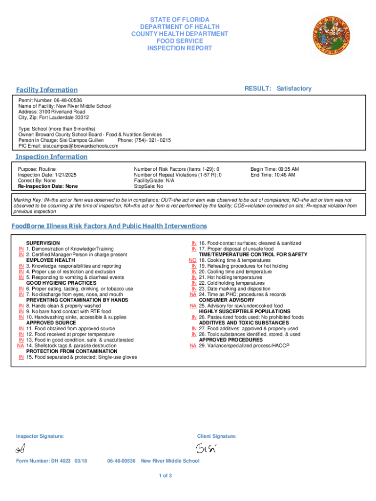Fillable Online State of Florida Food Service Inspection Report Fax Email Print - pdfFiller