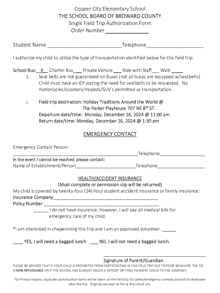 Fillable Online Cooper City Elementary School Field Trip Authorization Fax Email Print - pdfFiller