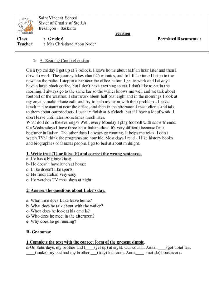 Fillable Online Saint Vincent School Grade 6 English Revision Fax Email ...