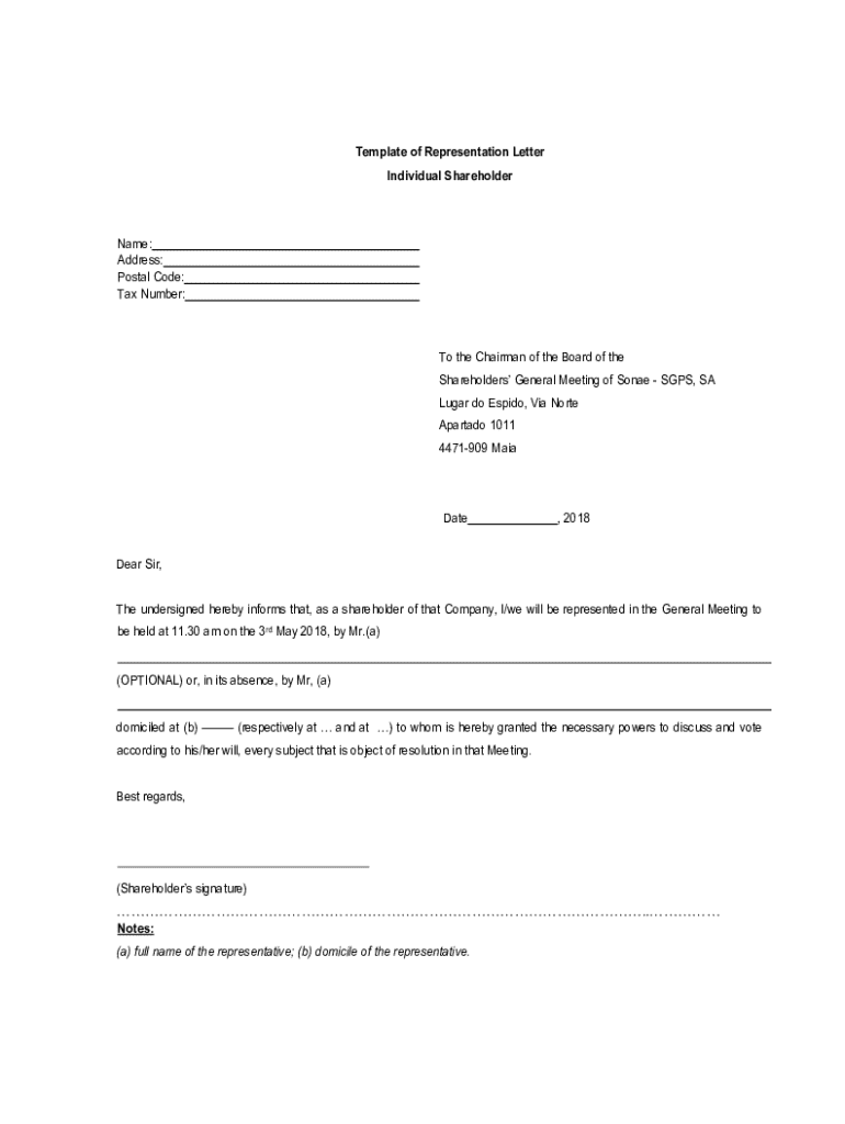 Fillable Online Representation Letter for Individual Shareholder Fax ...