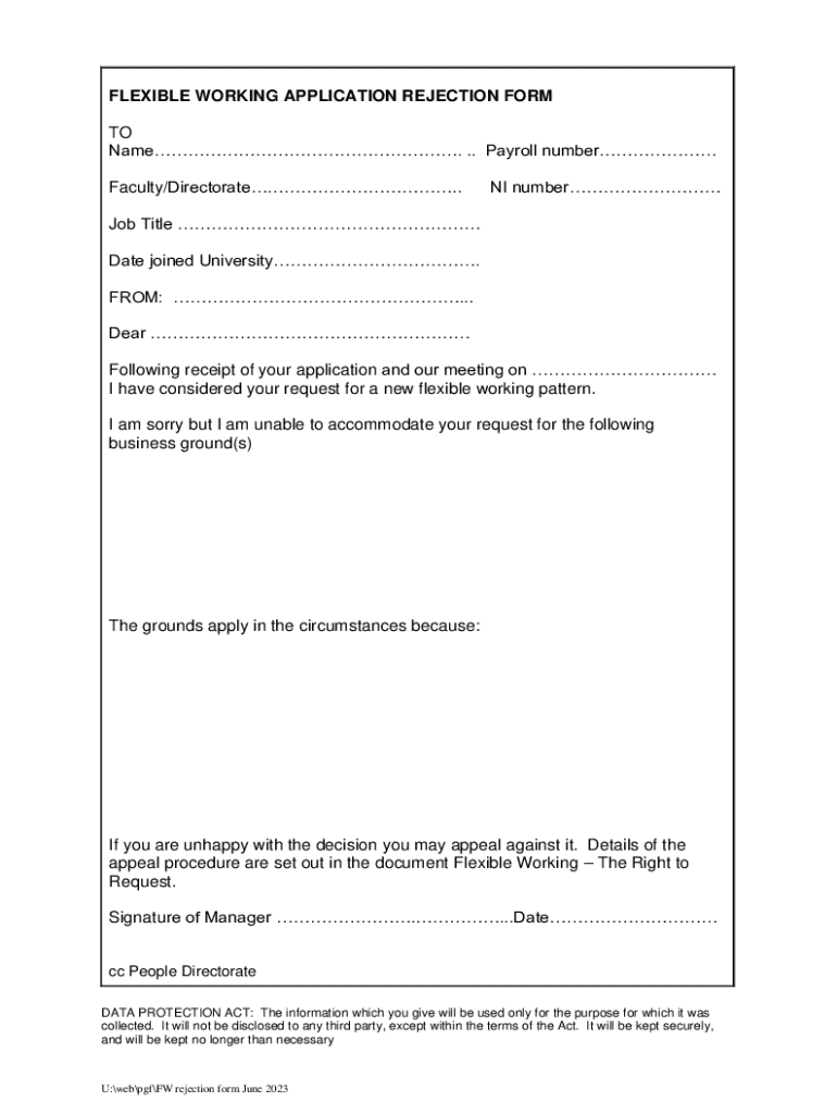 Fillable Online Flexible Working Application Rejection Fax Email Print ...