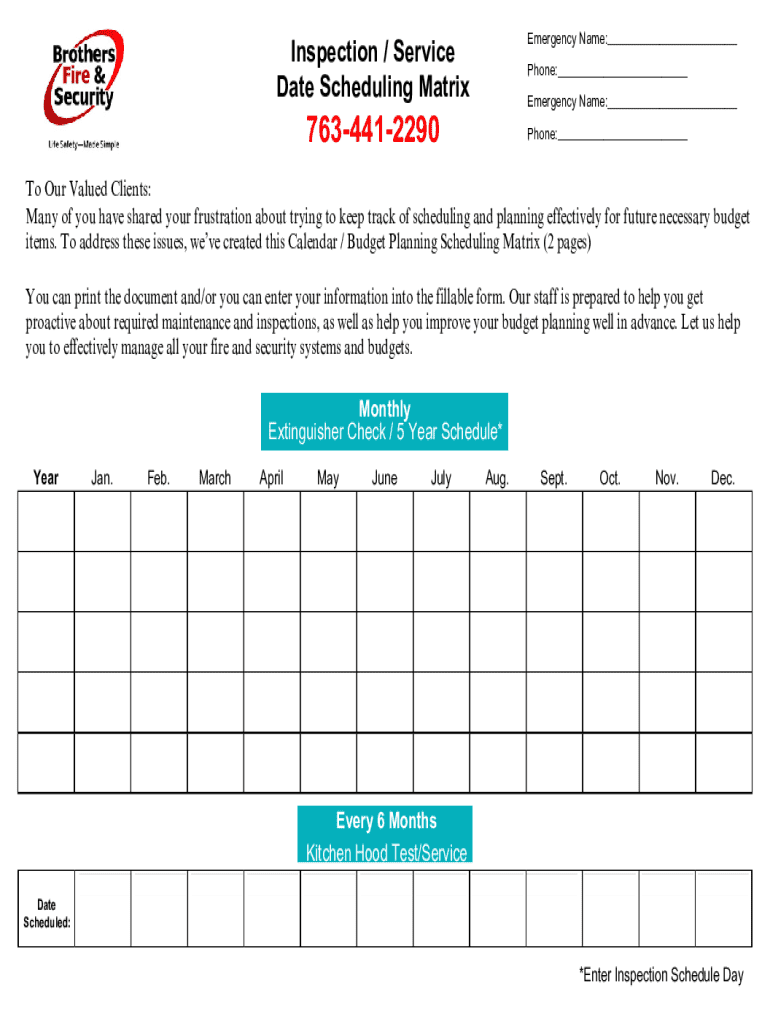 Fillable Online Inspection / Service Date Scheduling Matrix Fax Email ...