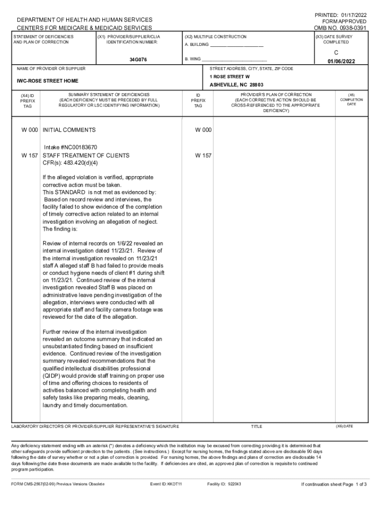 Fillable Online Statement of Deficiencies and Plan of Correction Fax ...