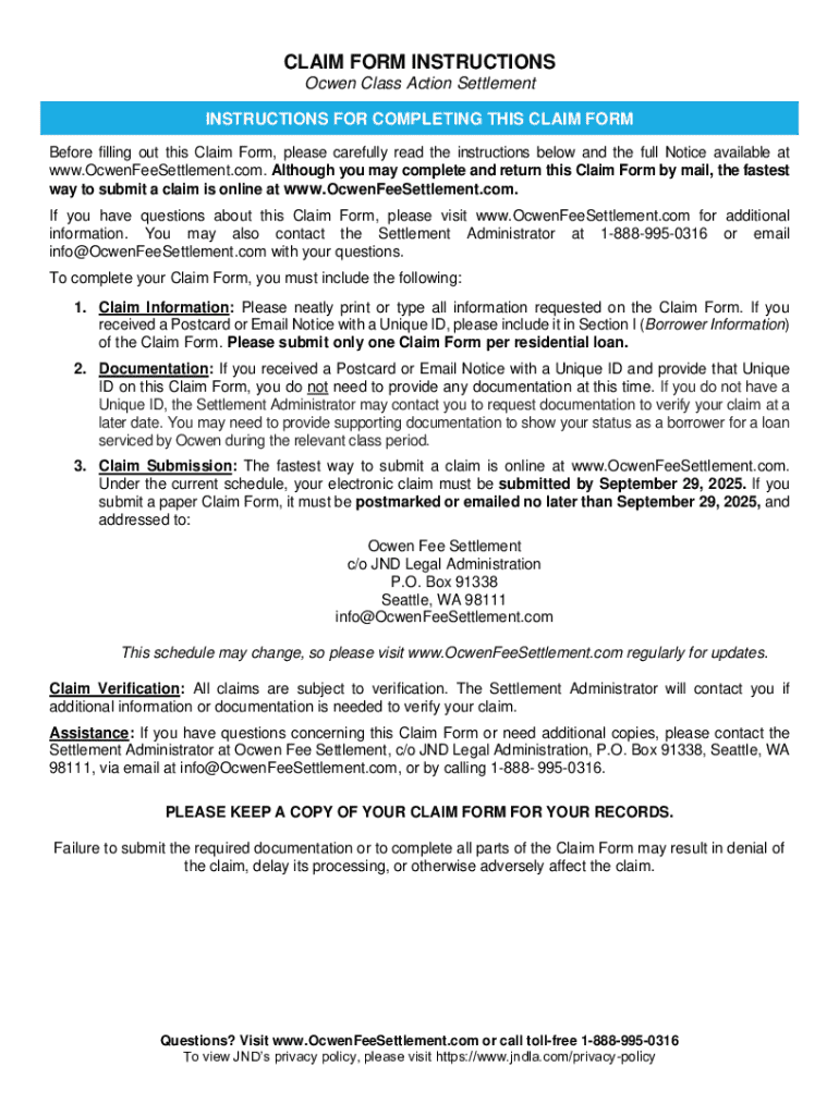 Fillable Online Ocwen Class Action Settlement Claim Form Fax Email Print - pdfFiller