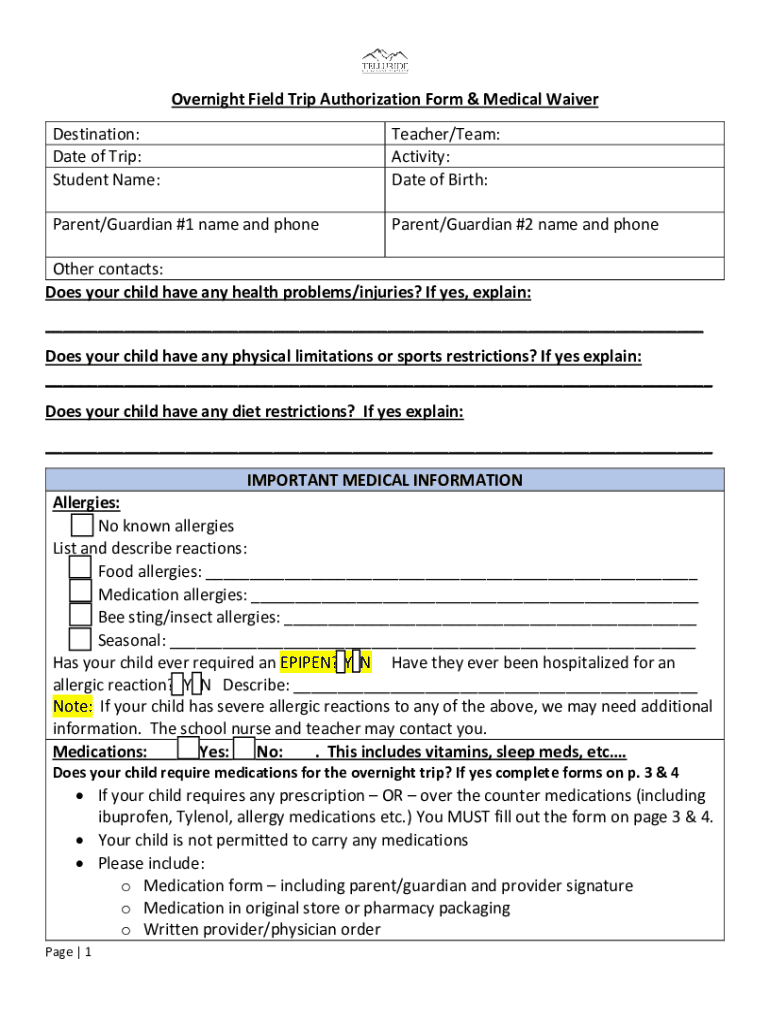 Fillable Online Overnight Field Trip Authorization Form Fax Email Print ...