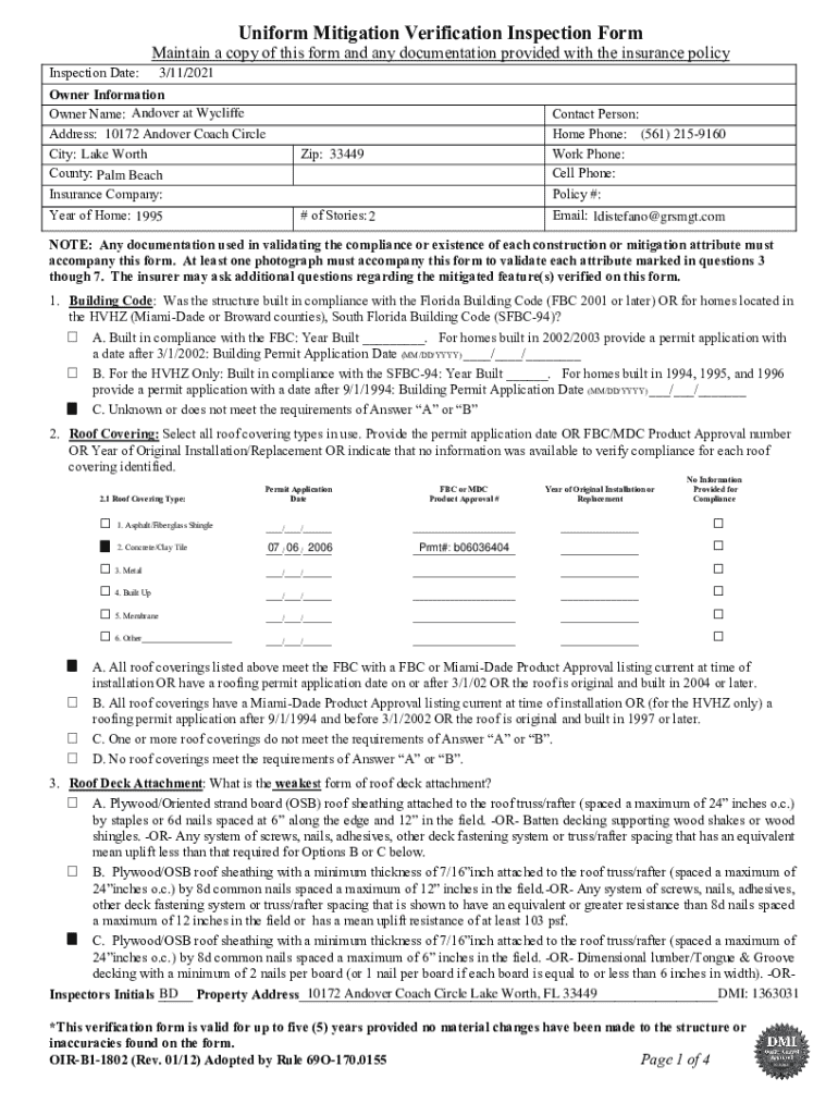 Fillable Online Uniform Mitigation Verification Inspection Fax Email ...
