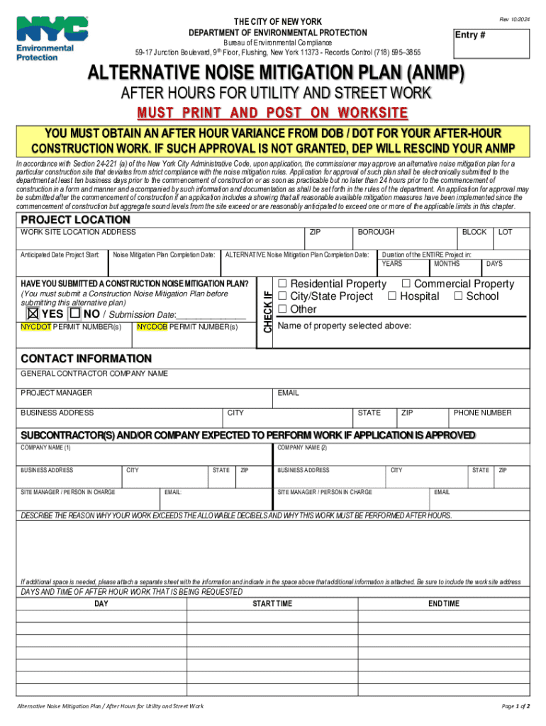 Fillable Online Alternative Noise Mitigation Plan (anmp) After Hours for Utility and Street Work ...