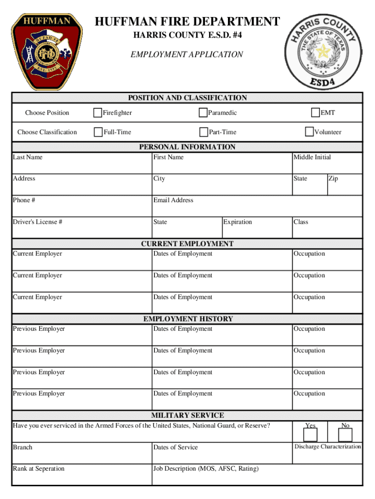 Fillable Online Huffman Fire Department Employment Application Fax ...