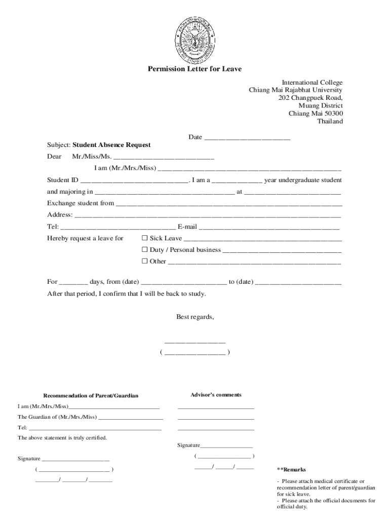 Fillable Online Permission Letter for Leave Fax Email Print - pdfFiller