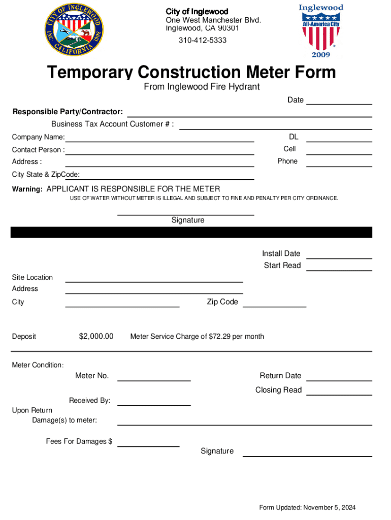 Fillable Online Application for Temporary Construction Meter Fax Email ...
