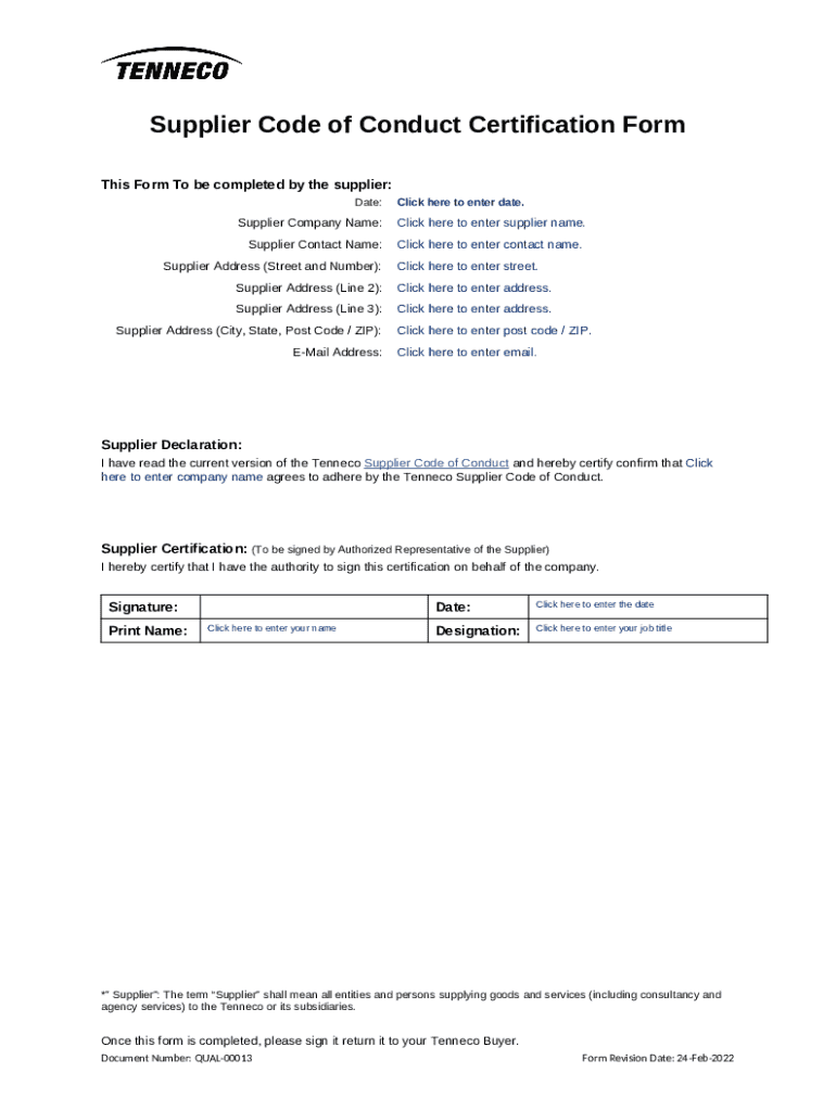 Supplier Code of Conduct Certification Doc Template | pdfFiller
