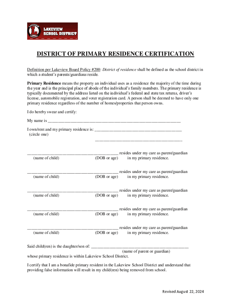 Fillable Online District of Primary Residence Certification Fax Email ...