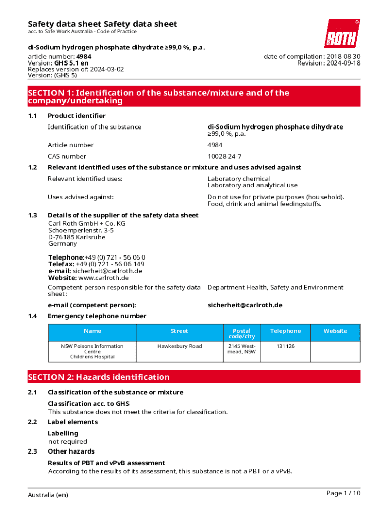 Fillable Online Safety Data Sheet Acc. to Safe Work Australia - Code of ...