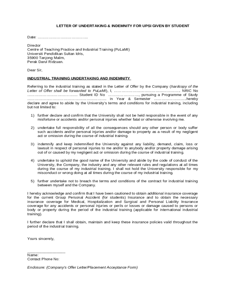 Letter of Undertaking and Indemnity TemplatePDF Doc Template | pdfFiller